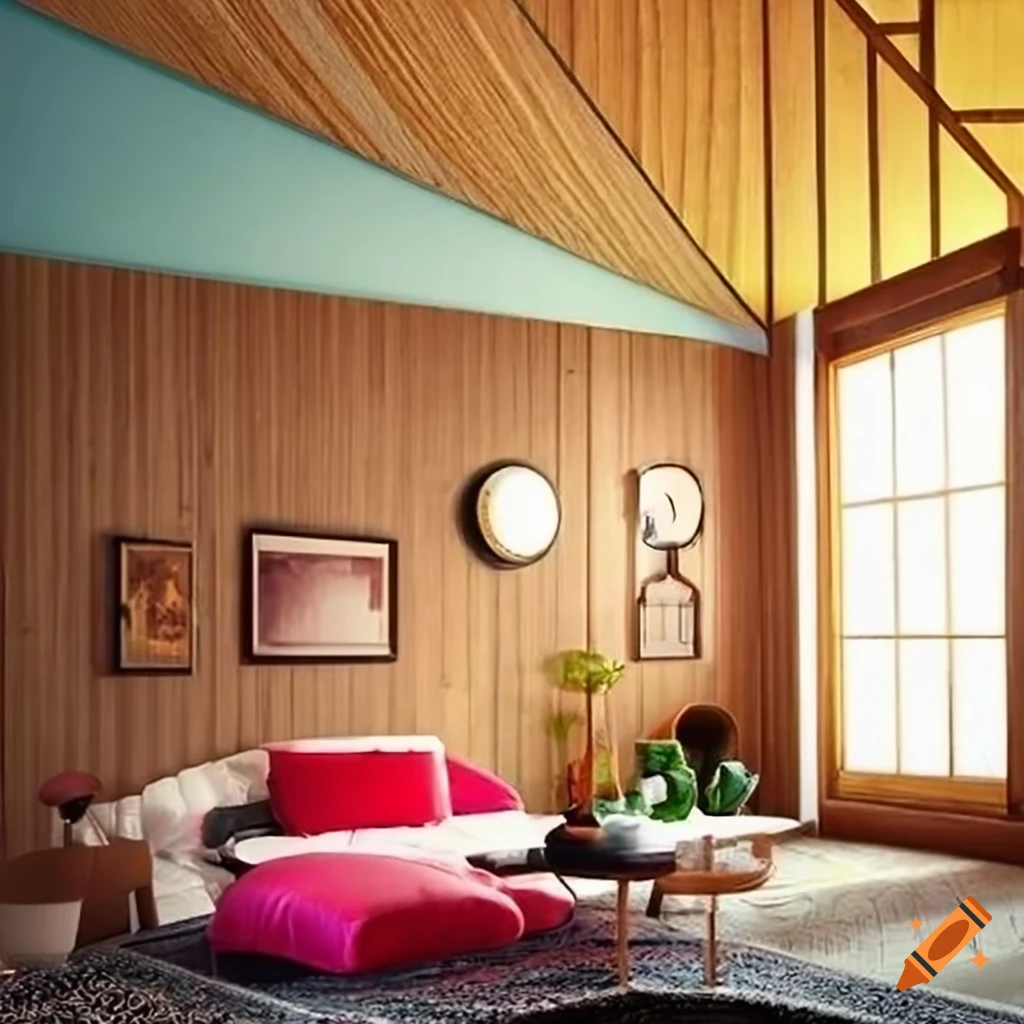 Modern and stylish lounge room with wood-panelled walls on Craiyon