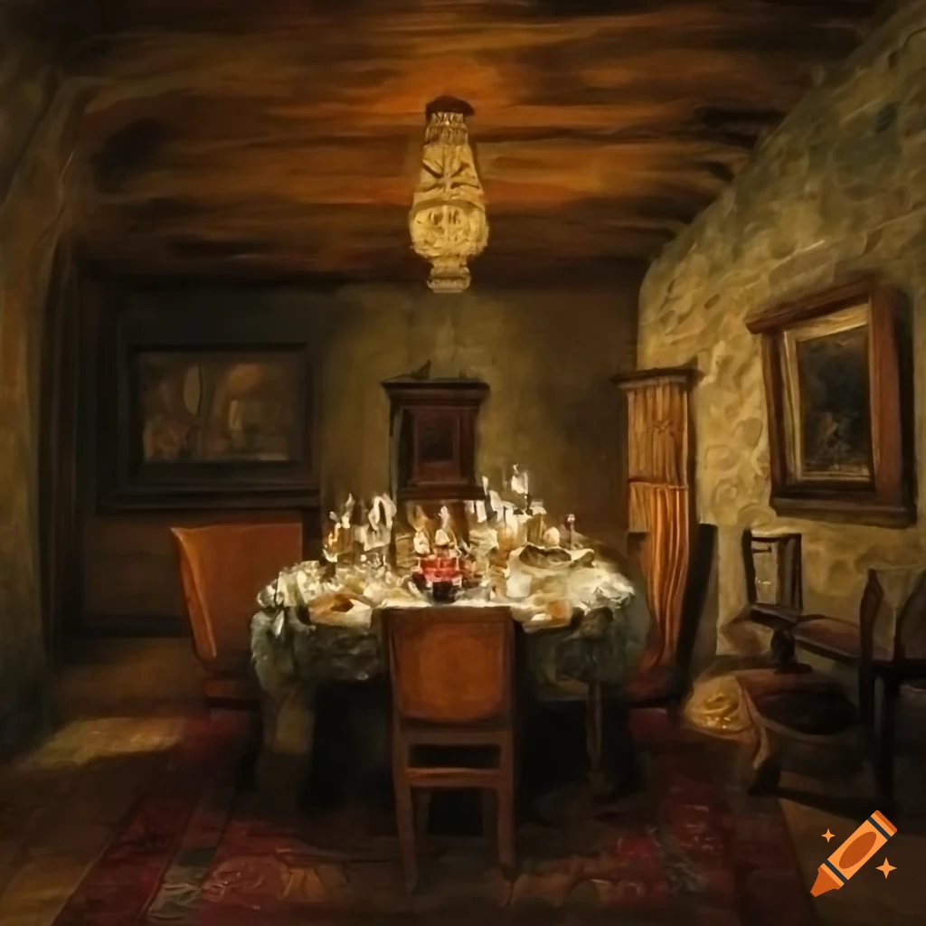 Medieval manor house dining room at night on Craiyon