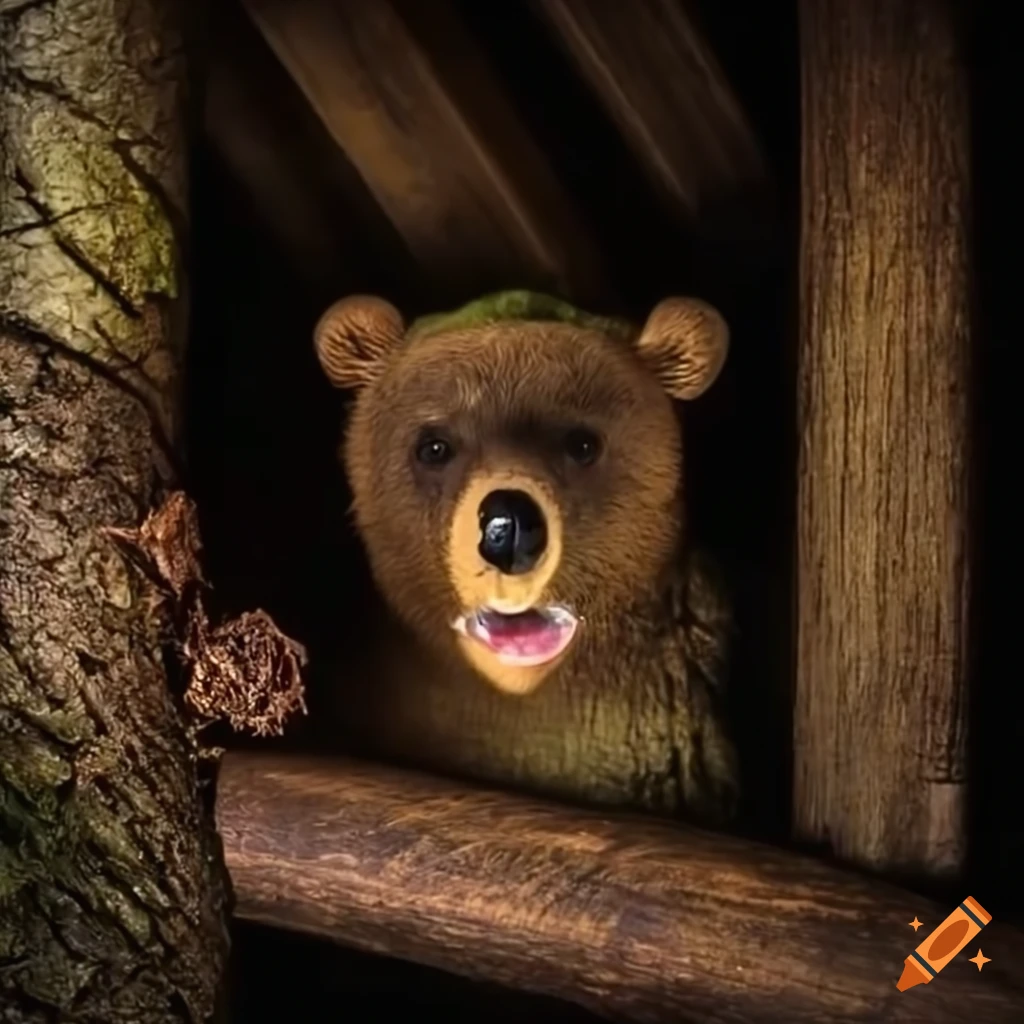 Illustration of a bear smoking a pipe in a cabin on Craiyon