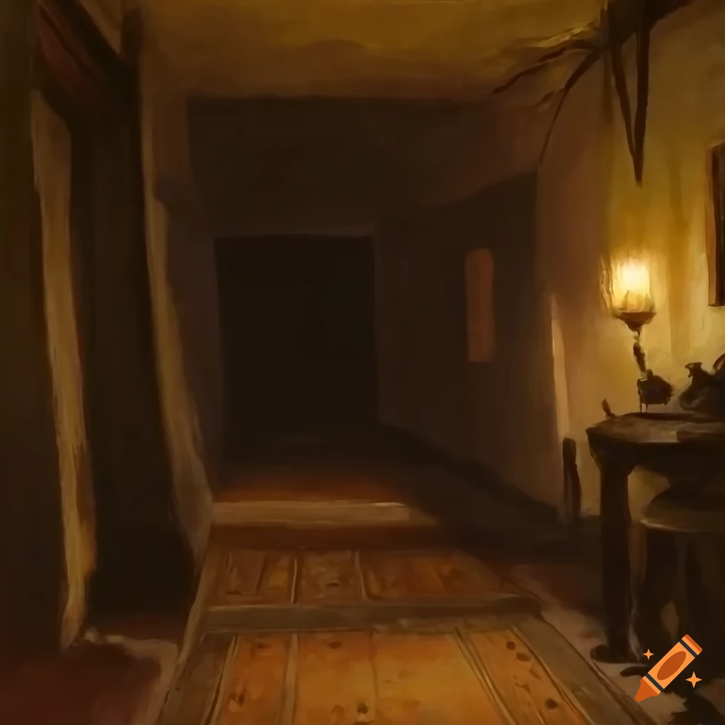 Medieval manor house corridor with rich carpets and oil paintings on ...