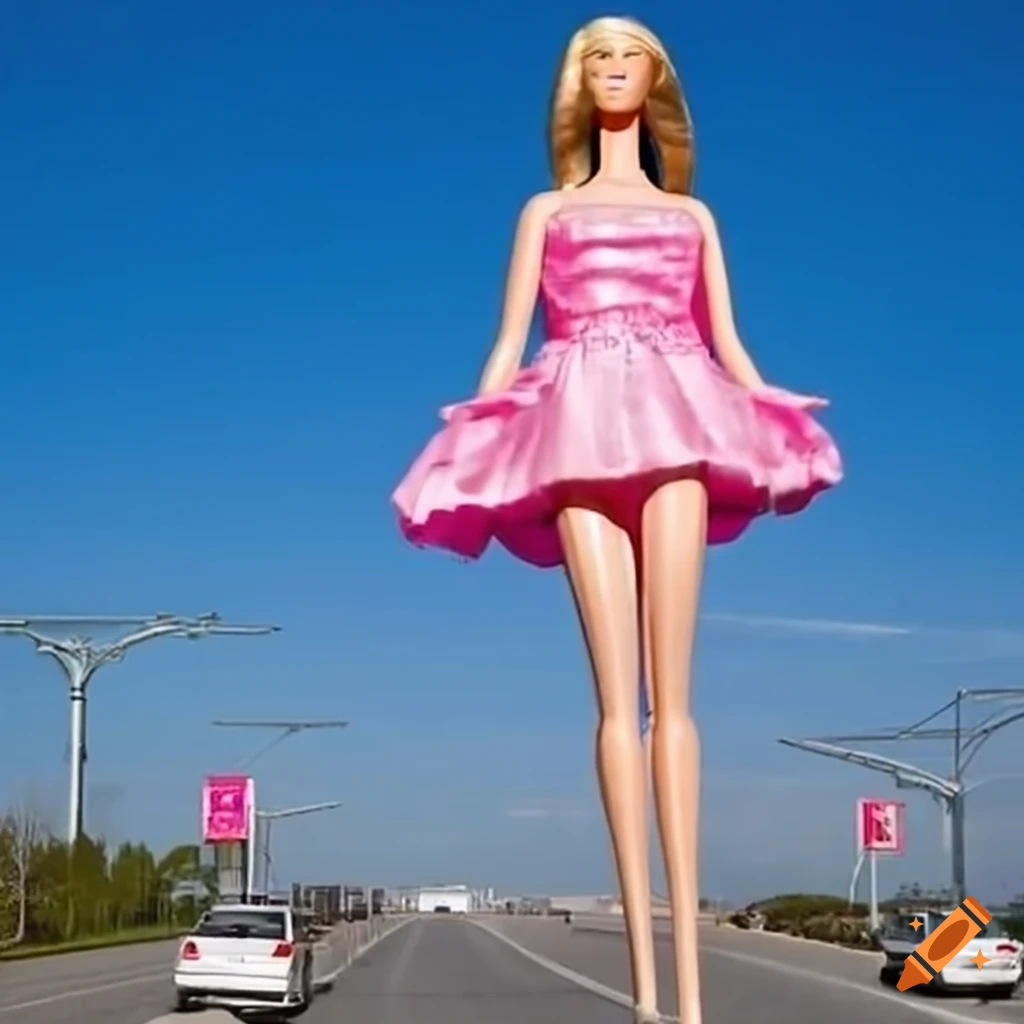 Statue of a tall barbie across a highway on Craiyon
