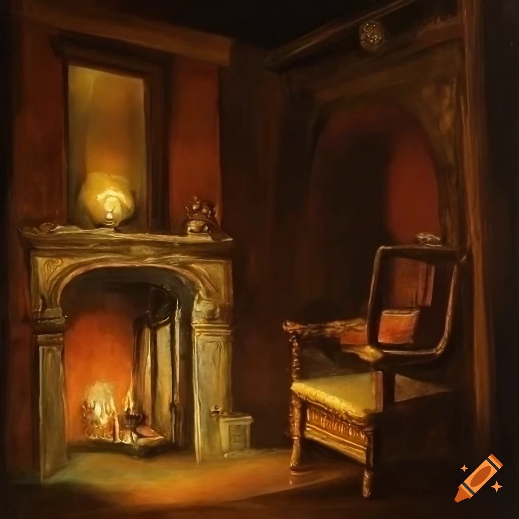 Oil painting of a cozy medieval common room with firelight on Craiyon