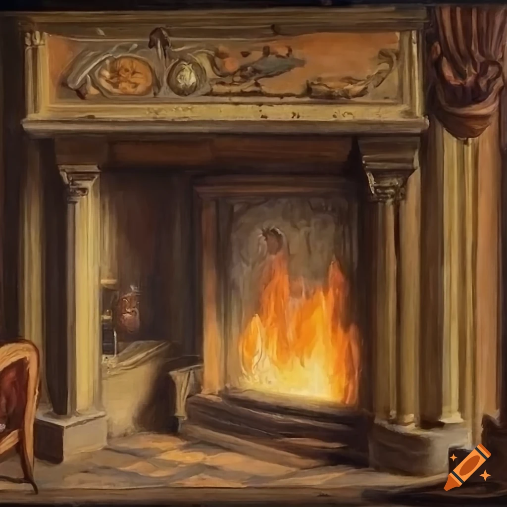 Detailed oil painting of a medieval sitting room with a fireplace on ...