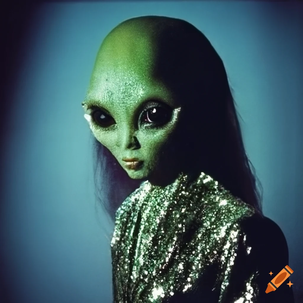 Alien woman in a glitter suit, vintage photo on Craiyon