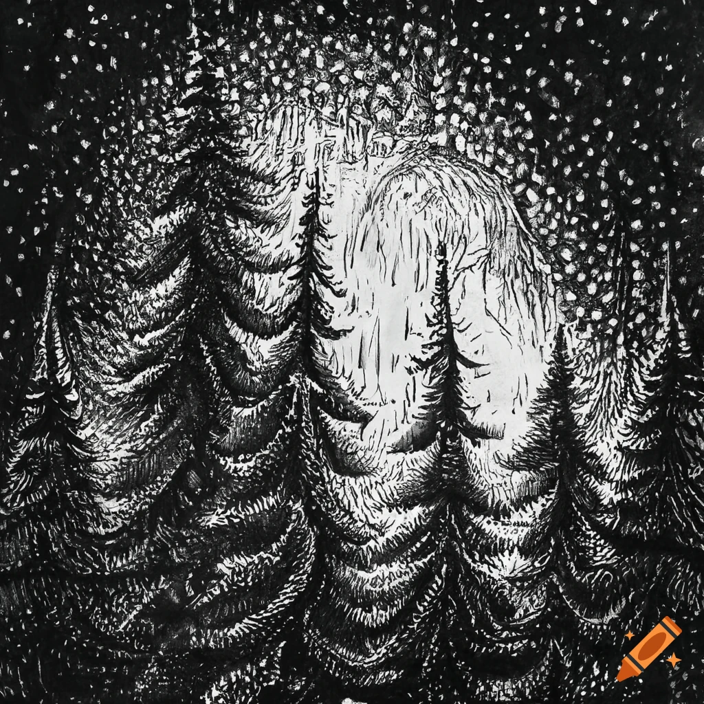 Ink drawing of a snowy Nordic forest with cosmic presence on Craiyon