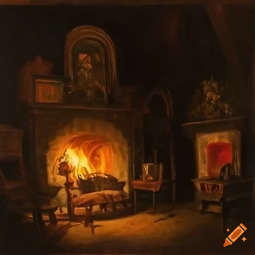 Cozy medieval sitting room with fireplace and armchairs on Craiyon