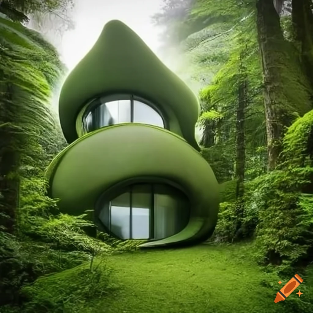 Biomorphic house in a forest of giant ferns on Craiyon