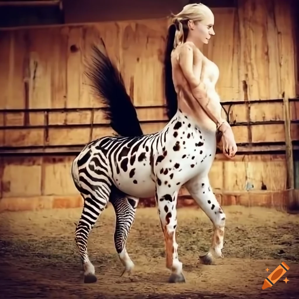 Cinematic photograph of a zebra-centaur in a stable on Craiyon