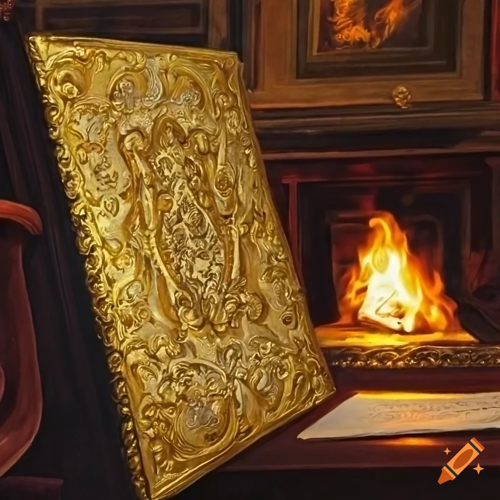 Gold illuminated book cover in a medieval manor house on Craiyon
