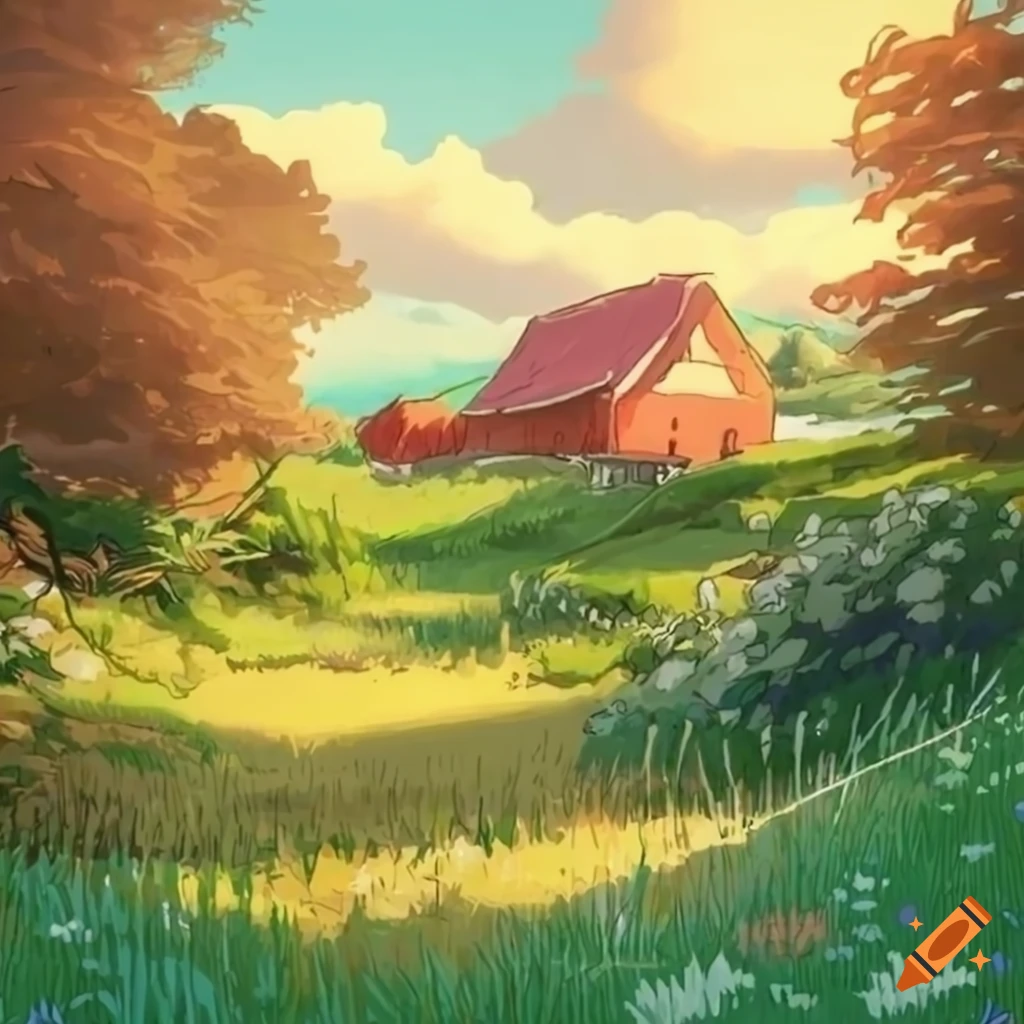 Peaceful farm landscape in anime style on Craiyon