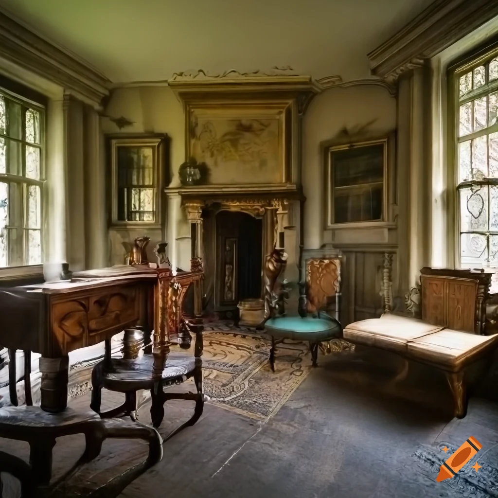 Balcony of a Victorian manor house overlooking English woods on Craiyon