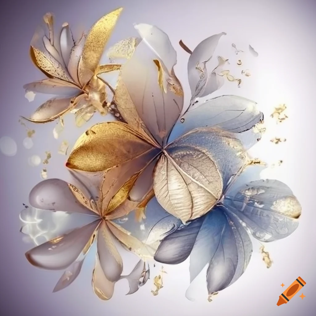 Abstract artwork of transparent leaves and flowers in silver hues on ...