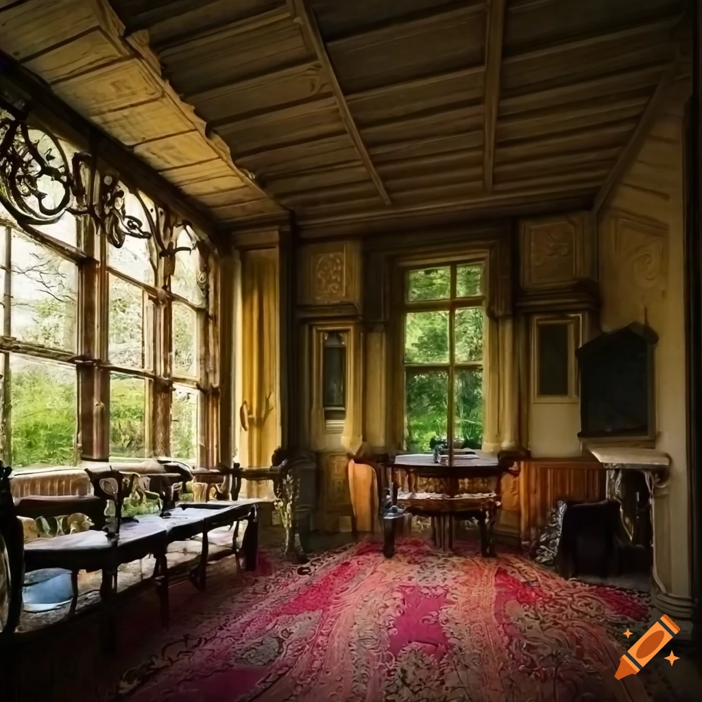 Balcony view from Victorian manor house over English countryside on Craiyon