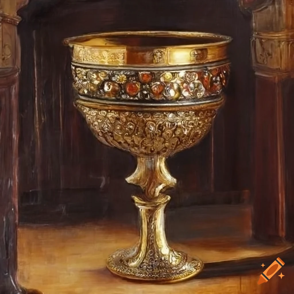 Oil painting of a diamond-encrusted goblet in a medieval manor