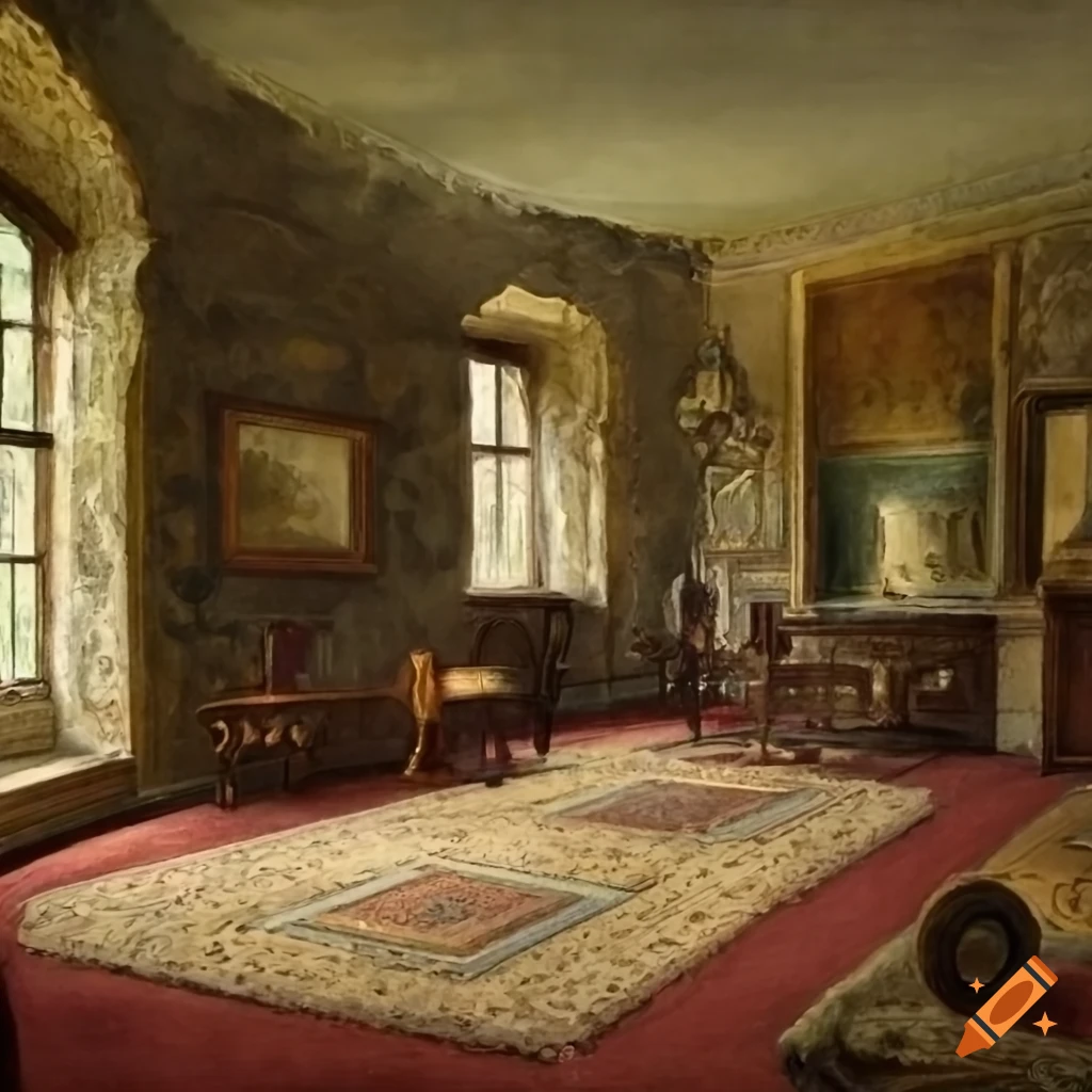 Medieval drawing room with open windows and fireplace on Craiyon