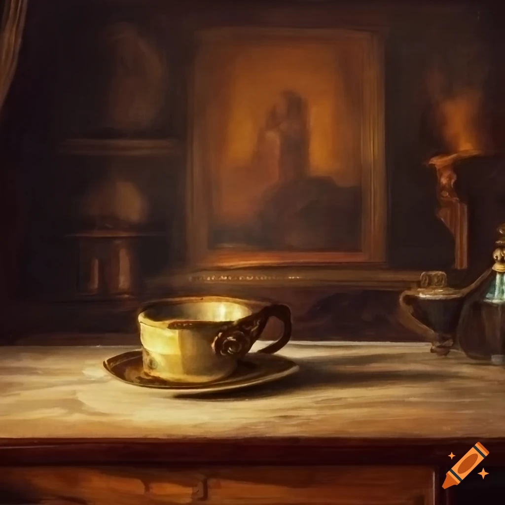 Ornate cup of tea on wooden table in a medieval parlor on Craiyon