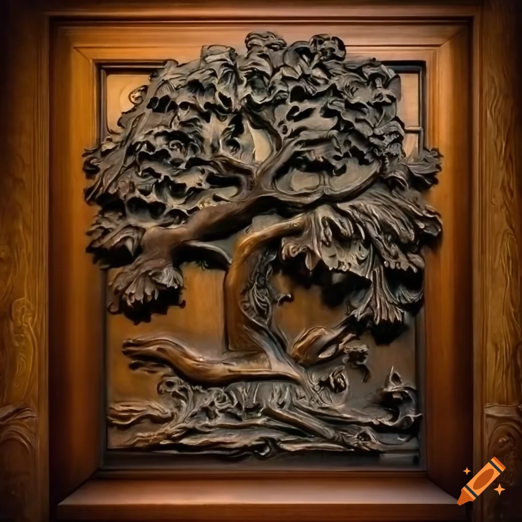Bronze relief of an oak tree over a mantlepiece