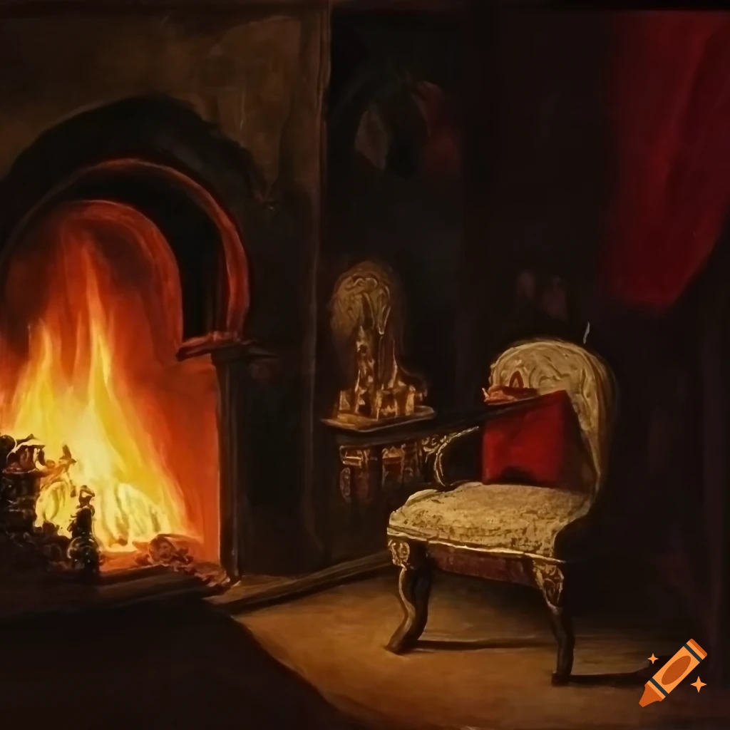 Cozy medieval sitting room with fireplace and armchairs on Craiyon