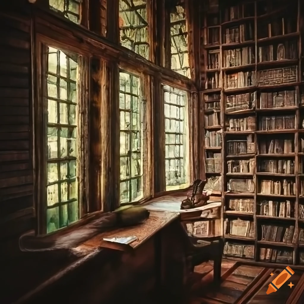 Cozy library in a cottage surrounded by forest on Craiyon