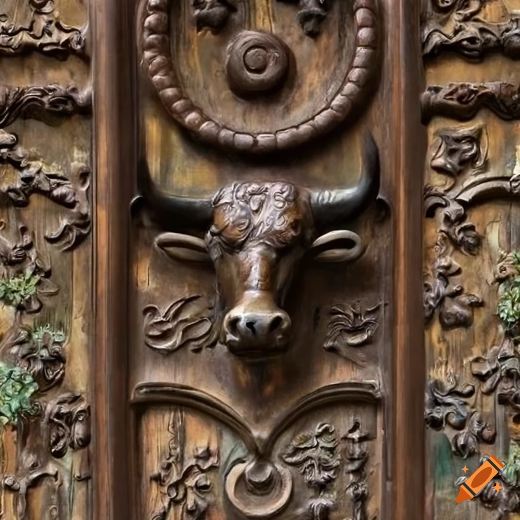Bronze relief of a bull on a medieval door on Craiyon