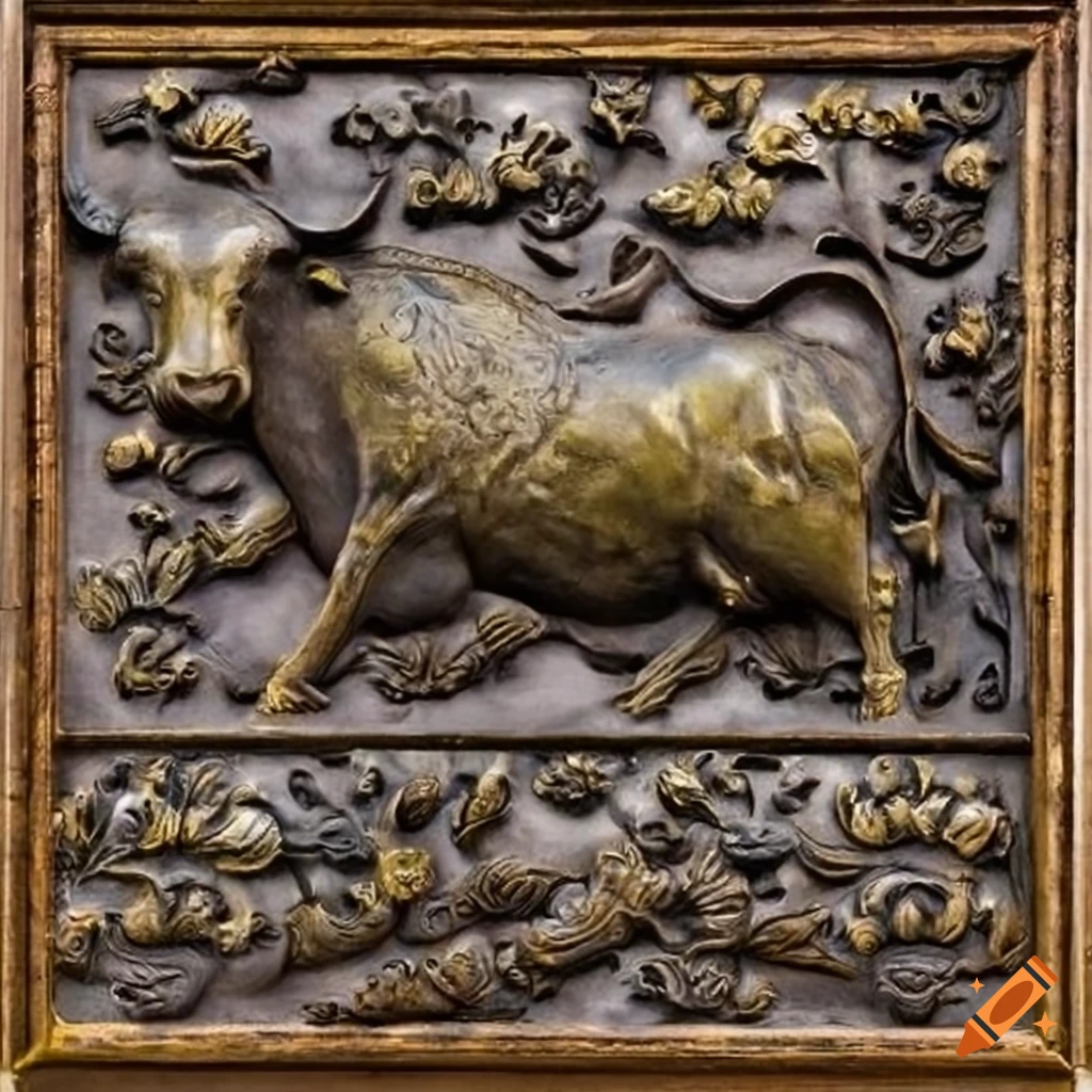 Bronze relief of a bull in a medieval setting on Craiyon