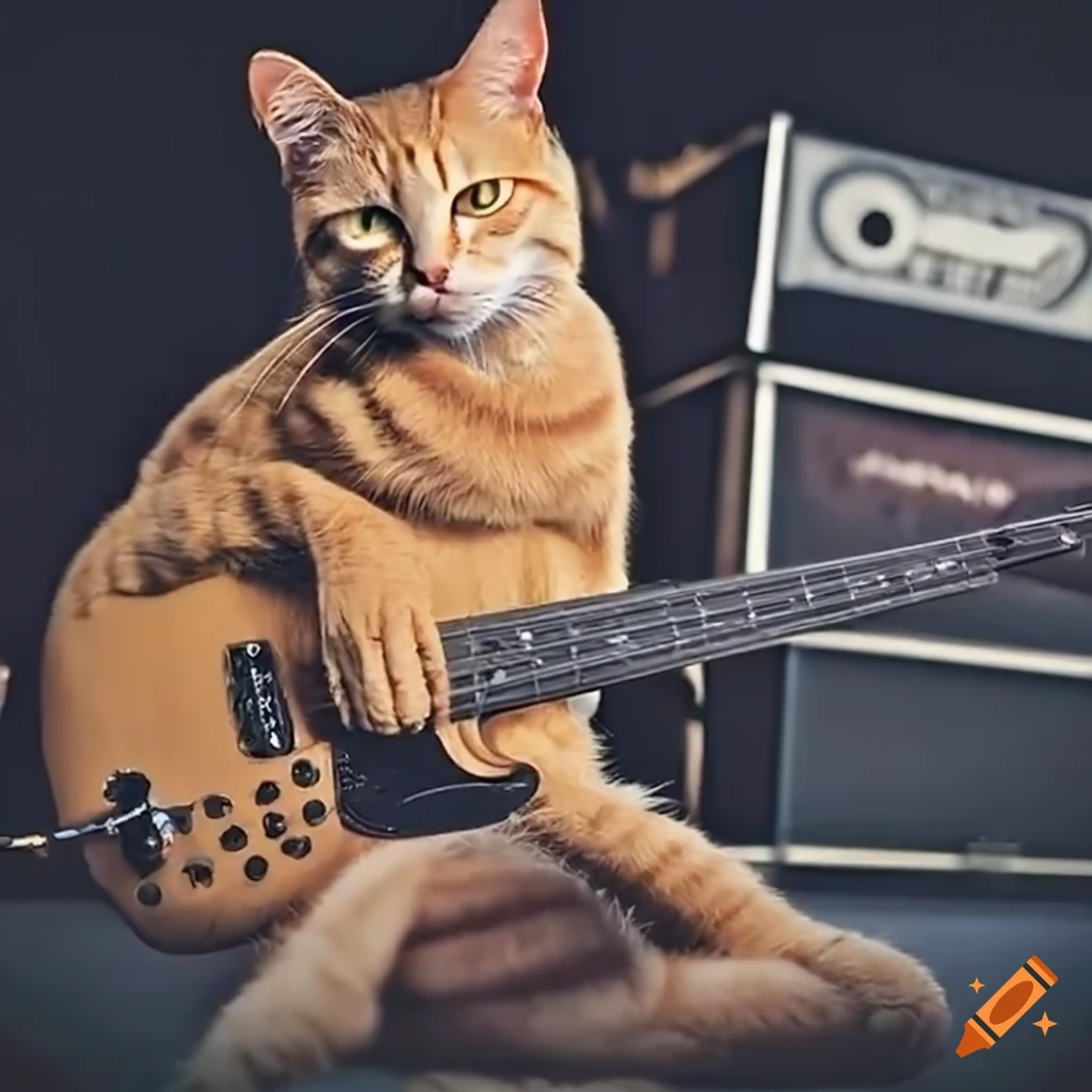Orange cat playing bass guitar on stage on Craiyon