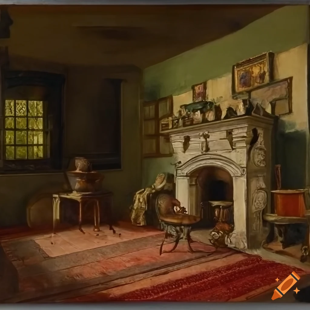 Medieval manor house interior with fireplace and open windows on Craiyon