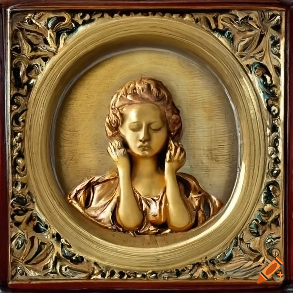Antique gold relief of a lady with a mournful expression on Craiyon
