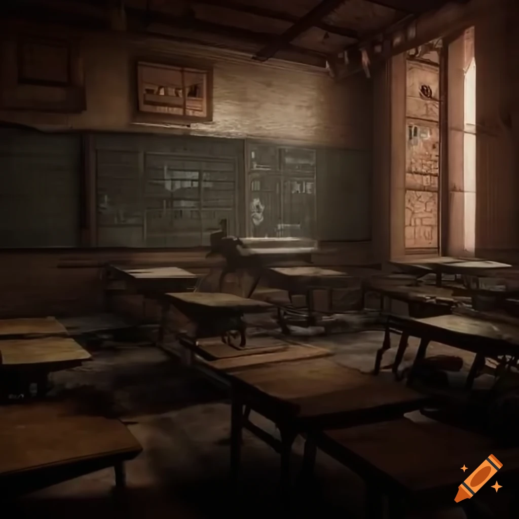 Concept art of a grim school interior in fallout style