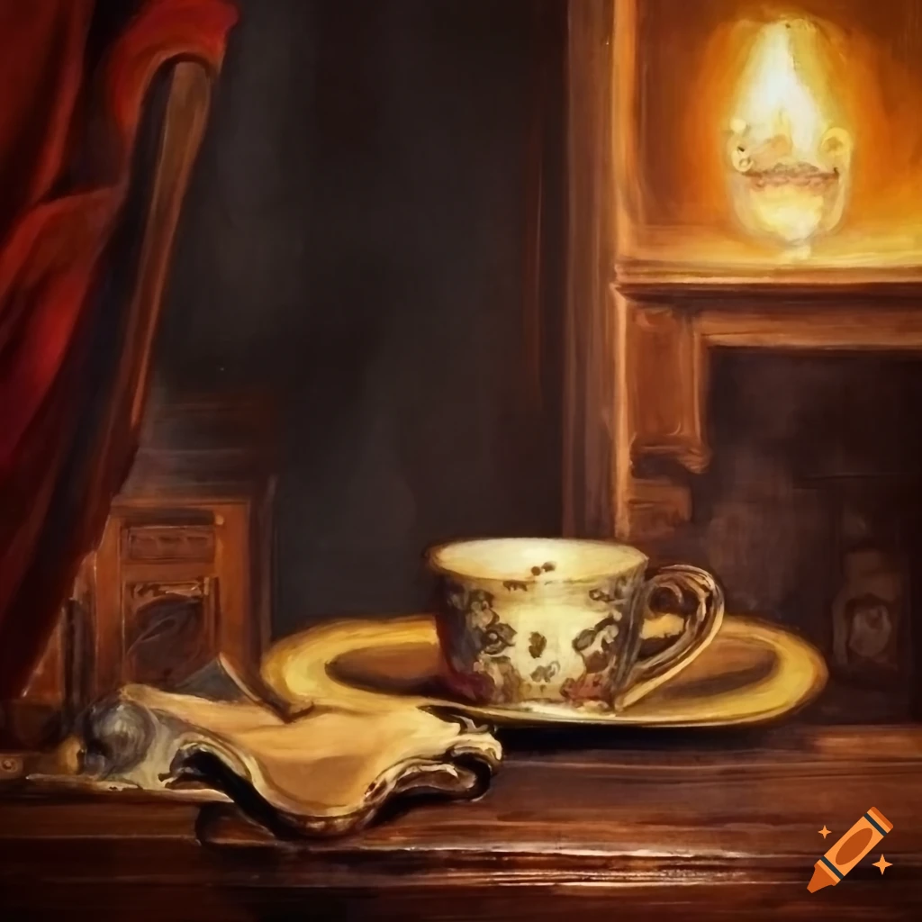 Ornate cup of tea on wooden table in a medieval parlor on Craiyon