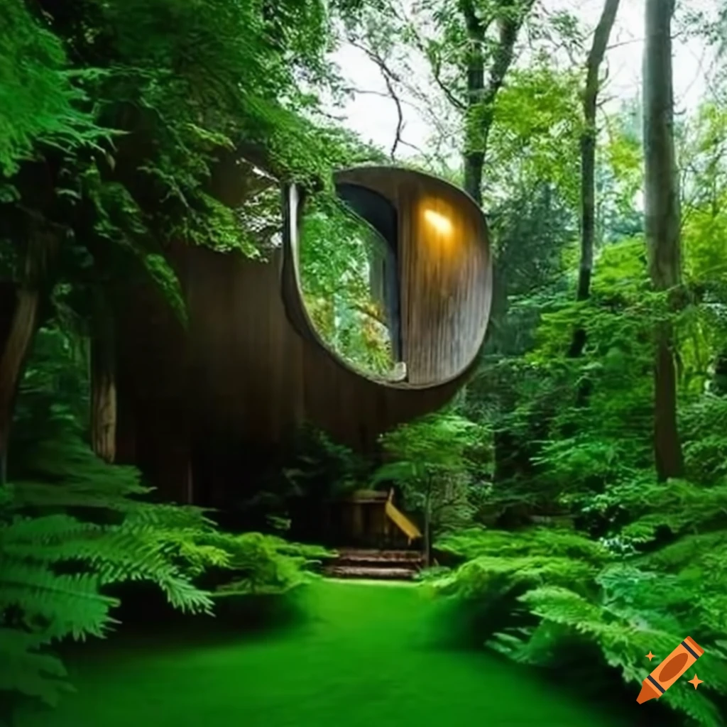 Biomorphic house in a forest of giant ferns on Craiyon