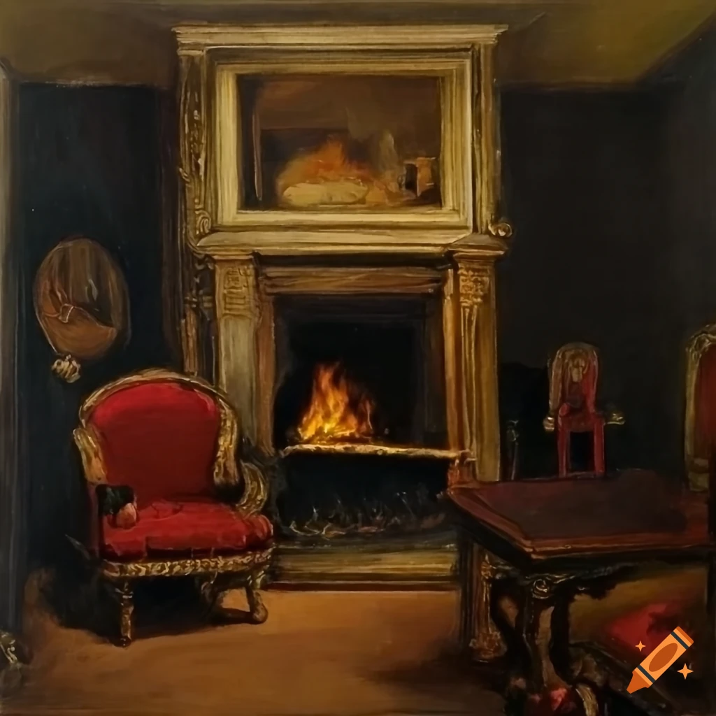 Dark Victorian sitting room with fireplace and armchairs on Craiyon
