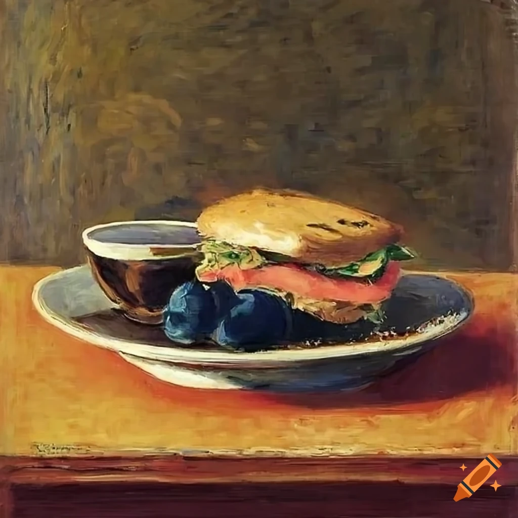 Still life painting of a cafe table with soup, sandwich and coffee on ...