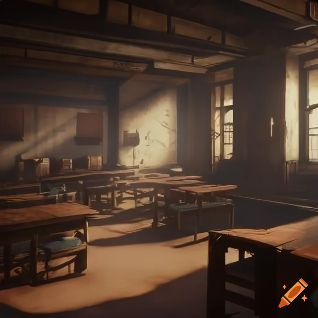 Gritty concept art of a school interior in Fallout universe on Craiyon