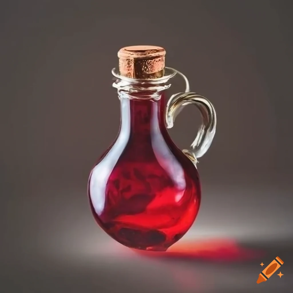 Image of a blood red healing potion in an antique glass bottle