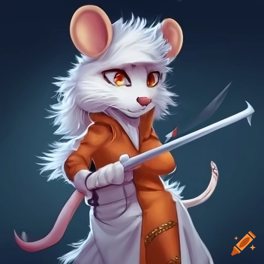 Digital art of a female mouse fencer with white fur and orange hair on ...