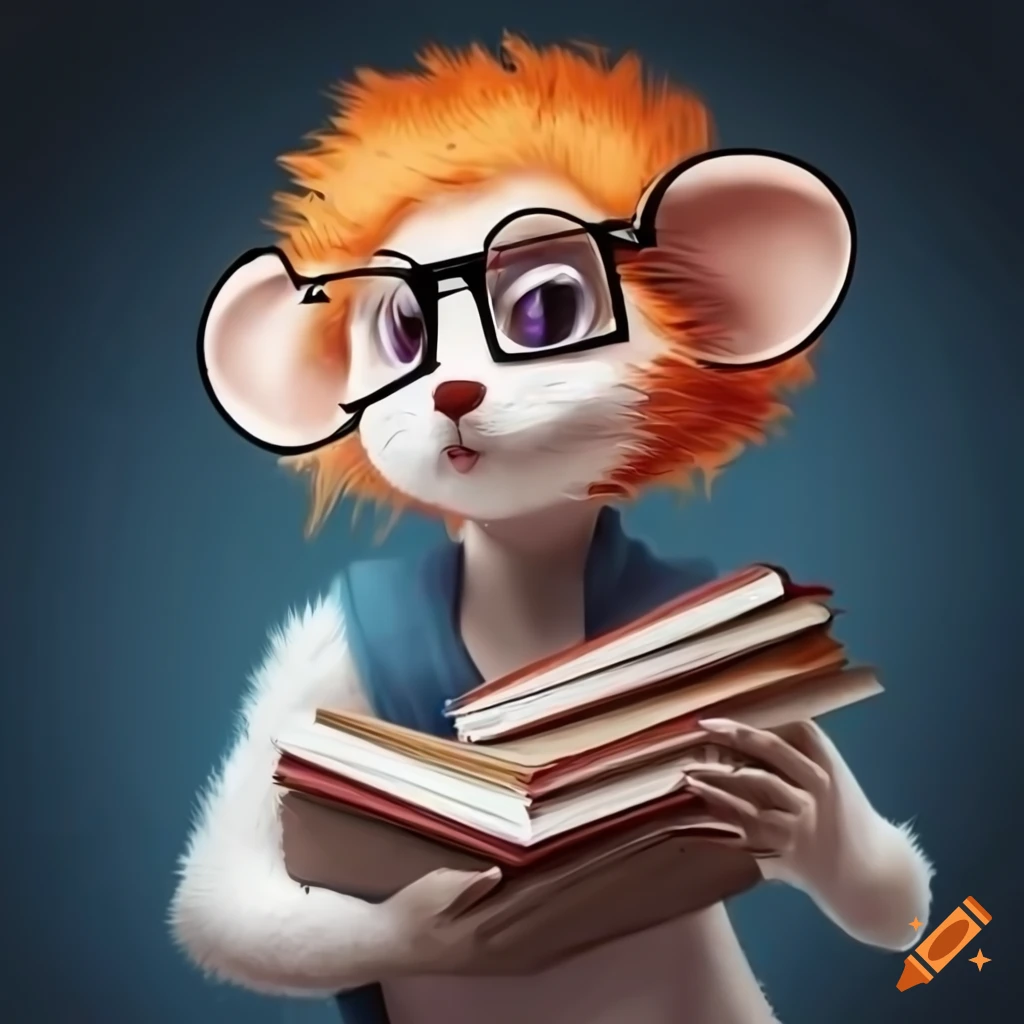 Illustration of a mouse girl with books and glasses