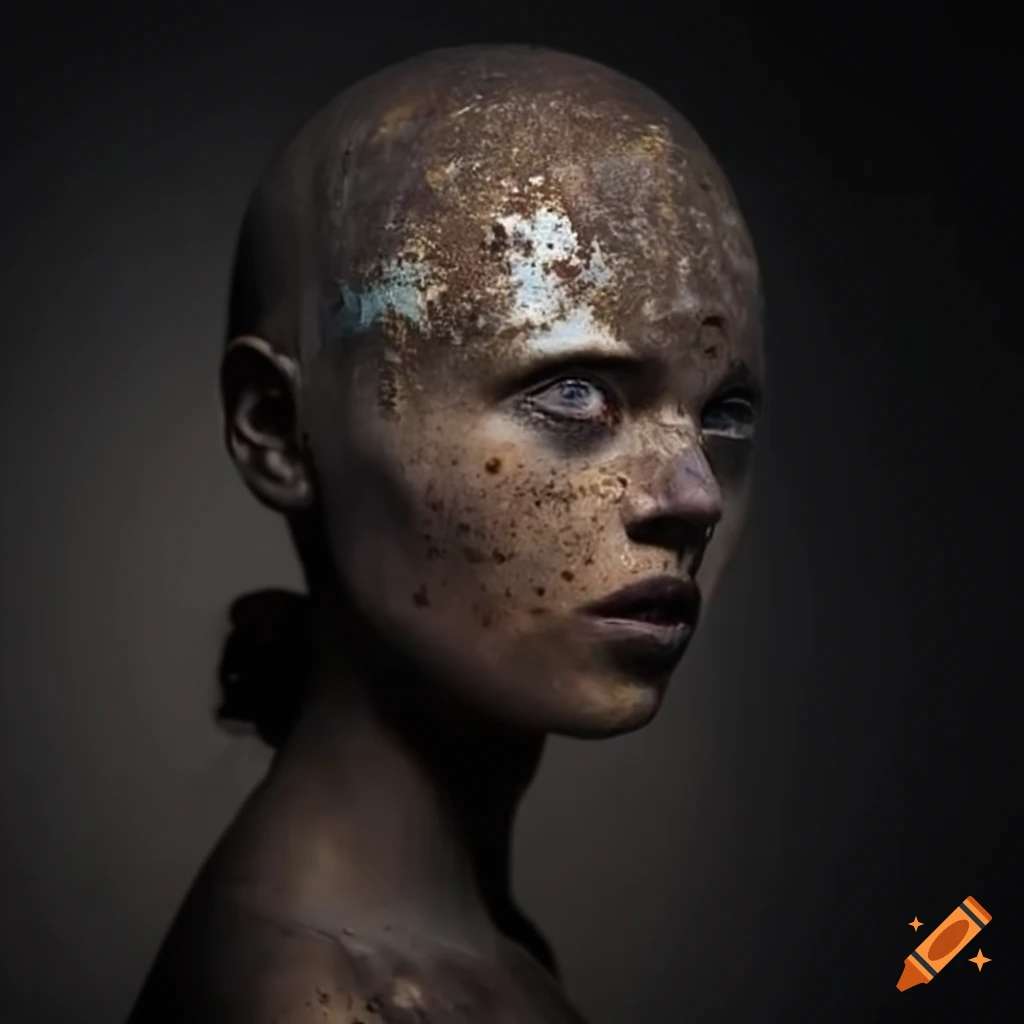 Rusty metal android head with human eyes