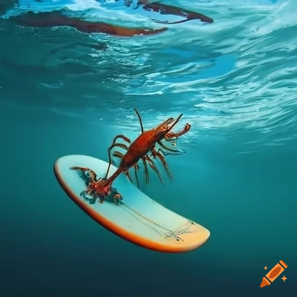 Lobster surfing on a wave
