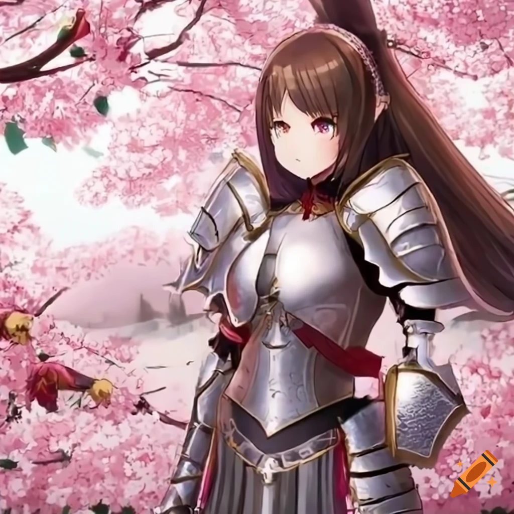 Anime girl in armor amidst sakura trees