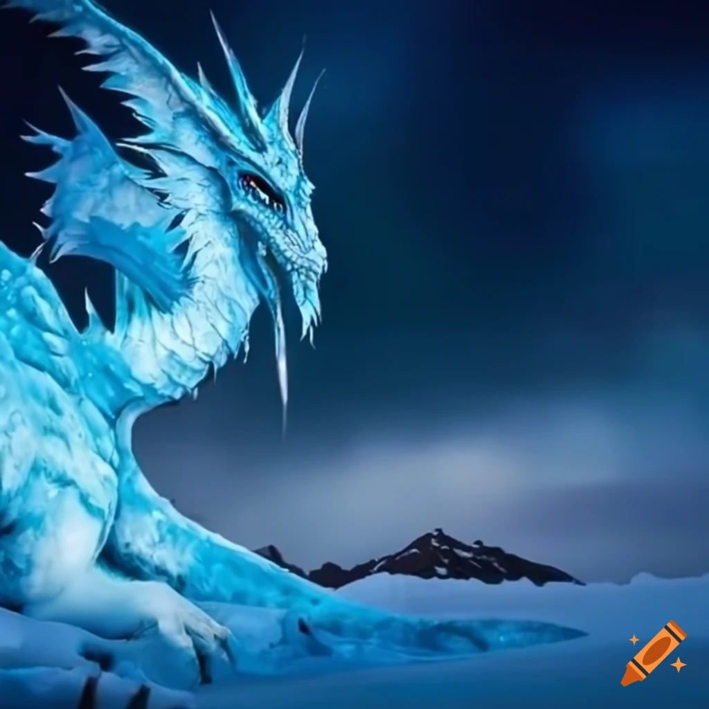 Ice dragon with blue eyes on snowy mountain on Craiyon