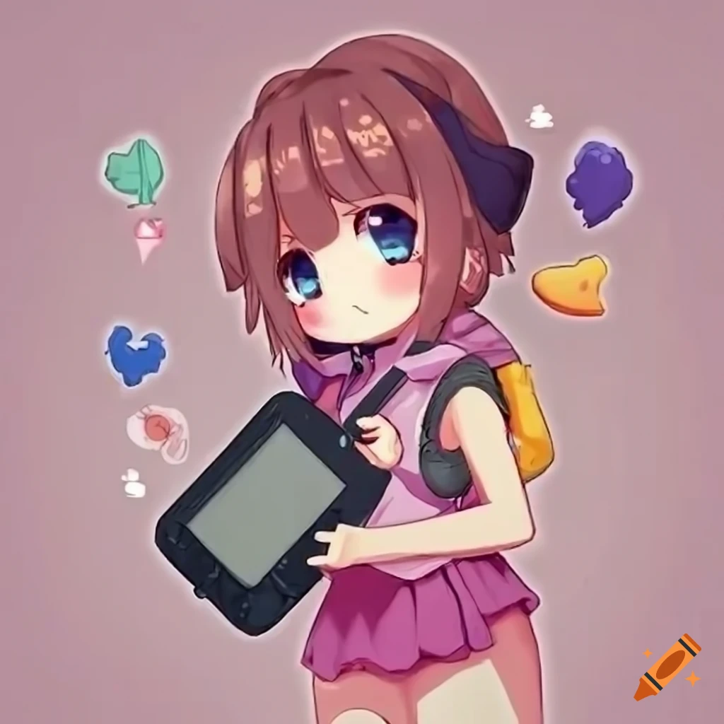 Chibi anime girl playing gameboy
