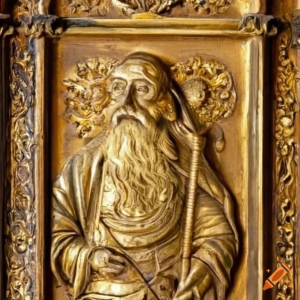 Gold relief of an old prophet on a wooden wall