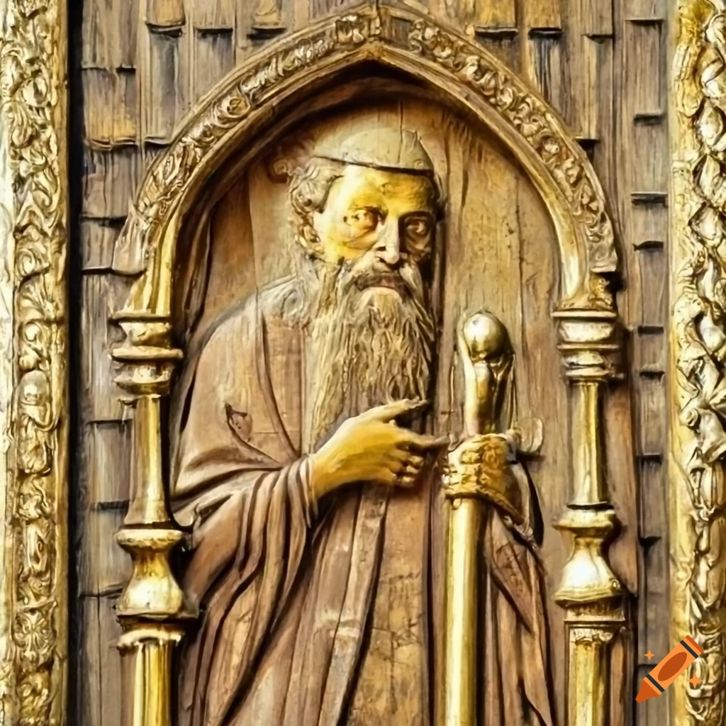 Gold relief of an old prophet on a wooden wall on Craiyon
