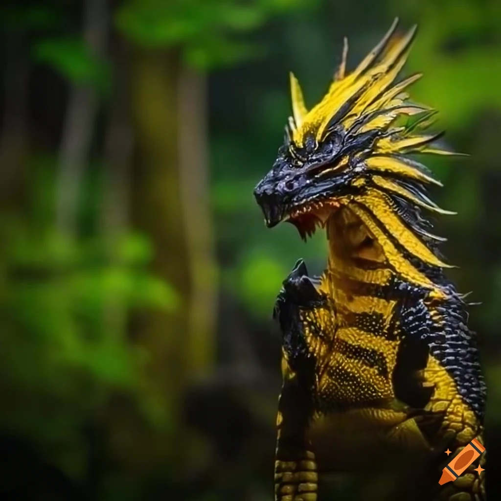 Mystical yellow and black dragon in a forest on Craiyon