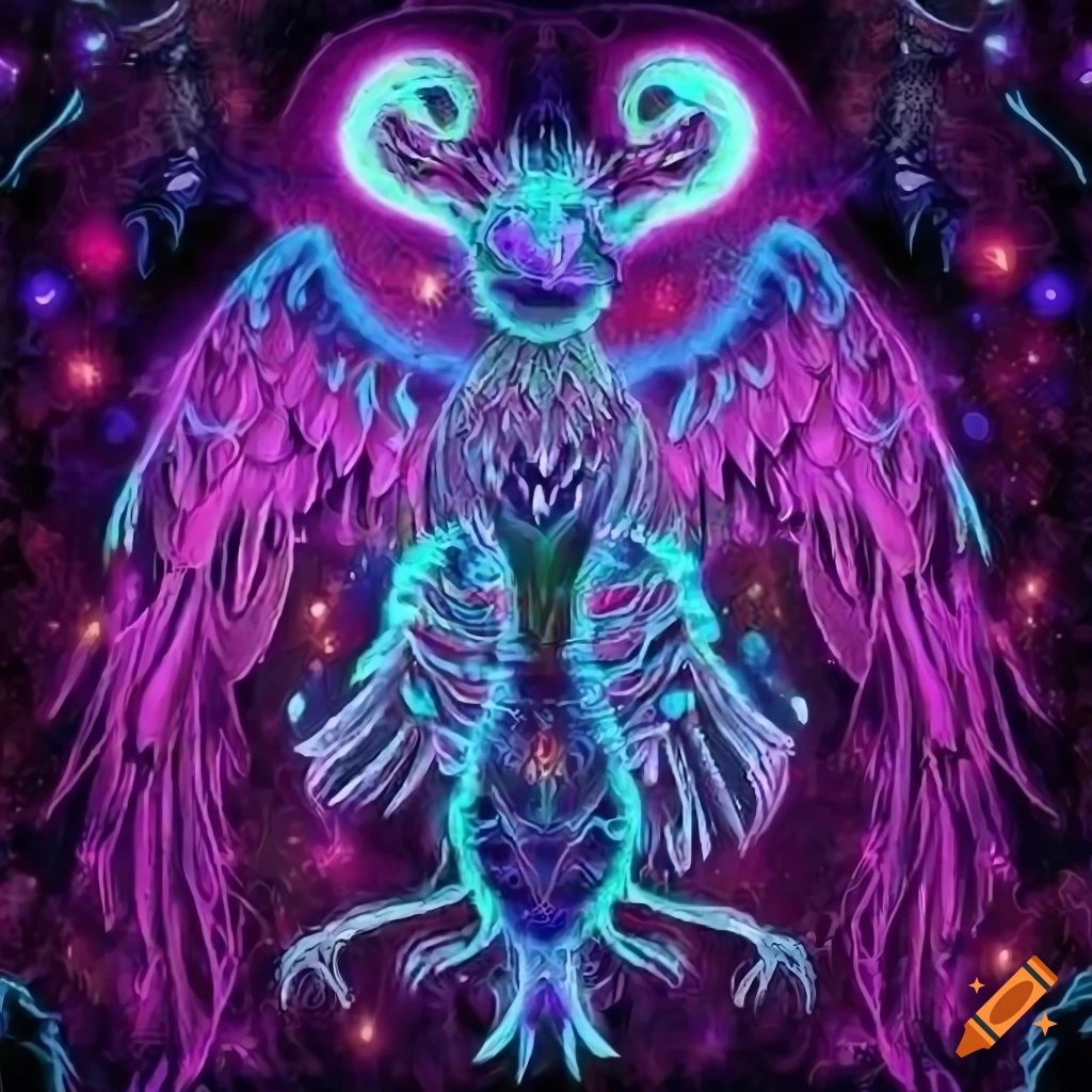 Fantasy artwork of a mystical owl-chicken hybrid with cosmic pattern