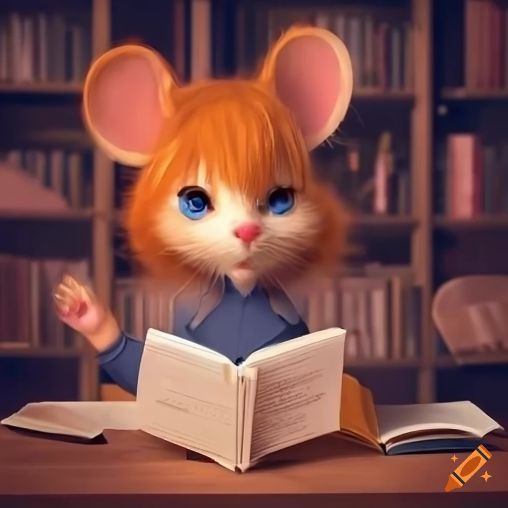Illustration of a cute mouse girl reading in a library