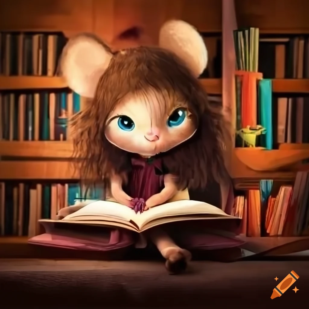 Illustration of a cute mouse girl reading in a cozy library on Craiyon