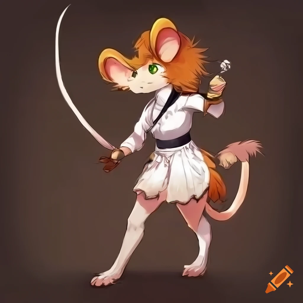 Anime-style artwork of a female mouse fencer in an old west town on Craiyon