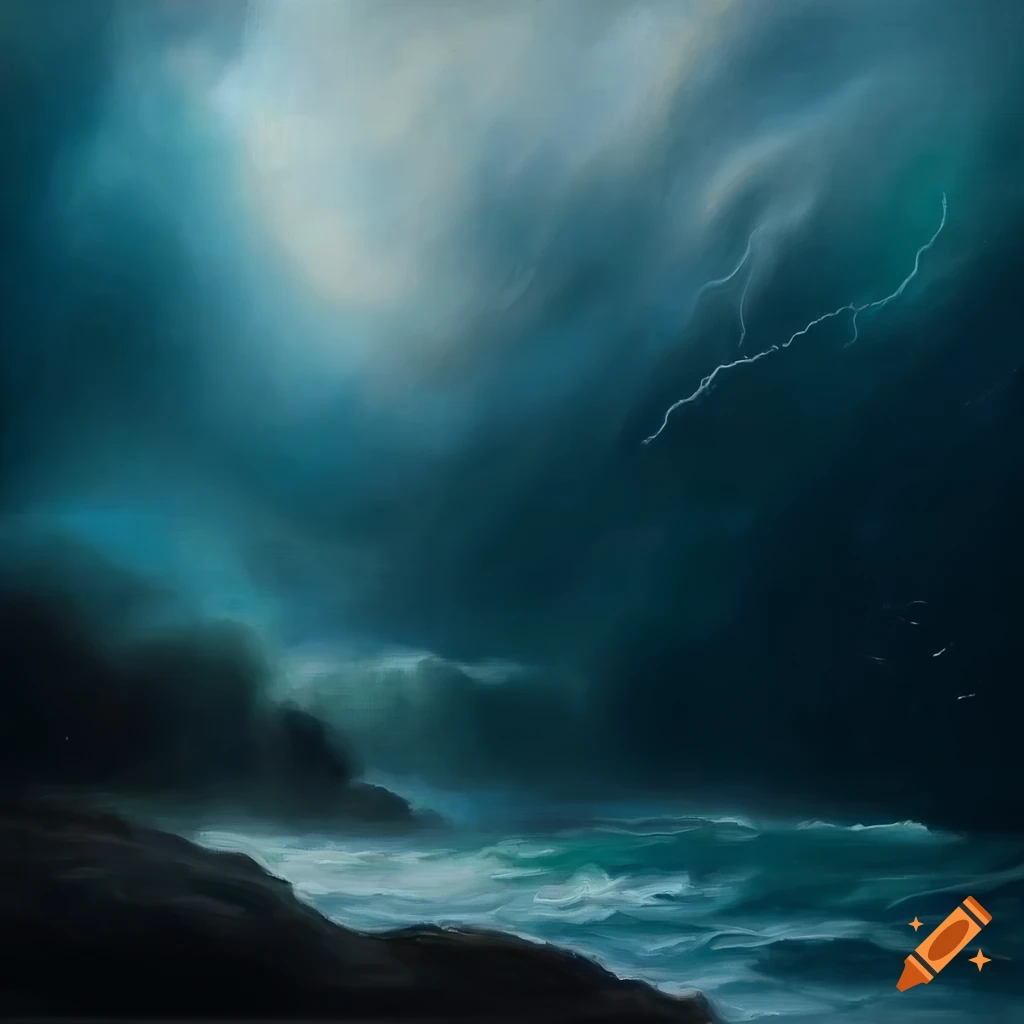 Oil painting of a violent storm with massive waves